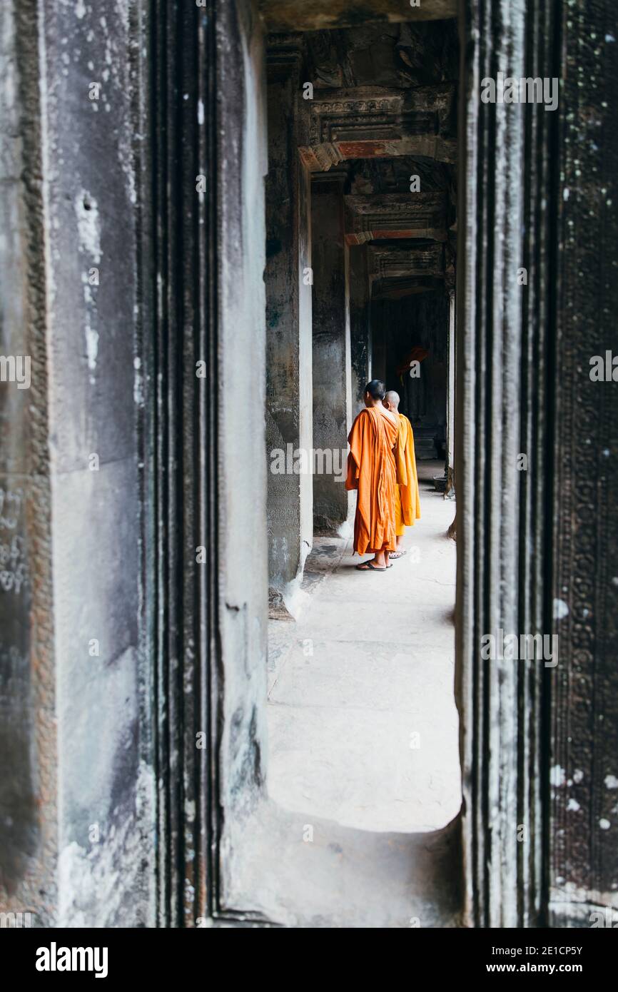 Cambodian monks in an ancient temple in Angkor Wat in Cambodia Stock ...