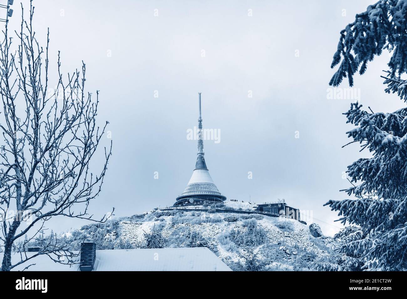 Jested covered with snow. View of the winter mountain Jested with a ...