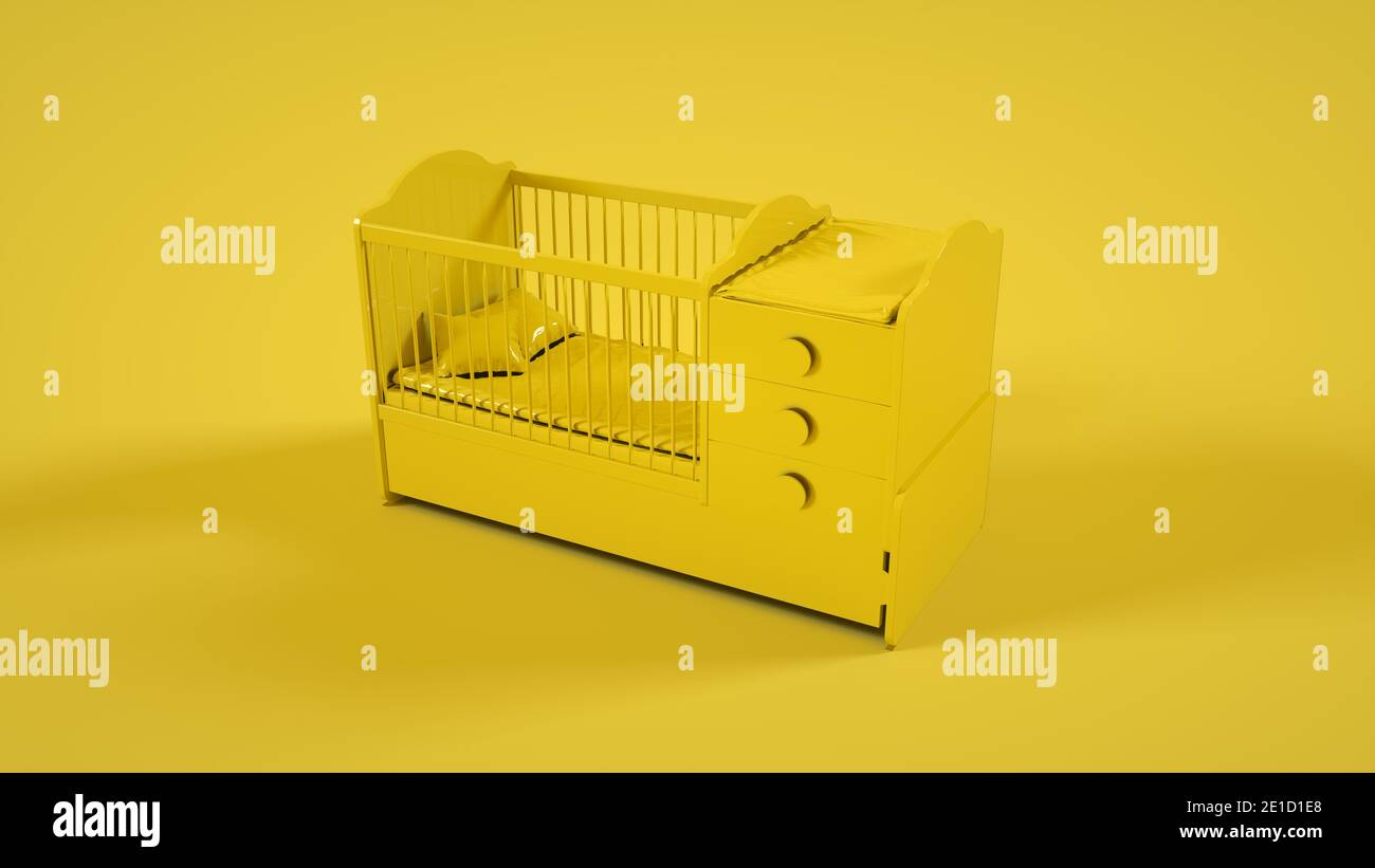 Wooden baby cot isolated on yellow background. 3d illustration Stock ...