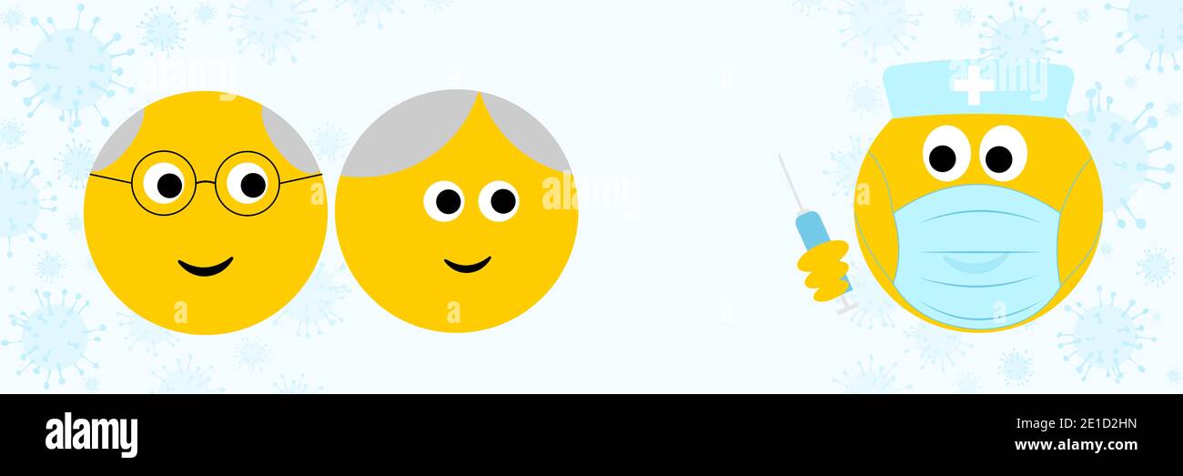 Senior emoji getting vaccinated by medical emoji in face mask with ...