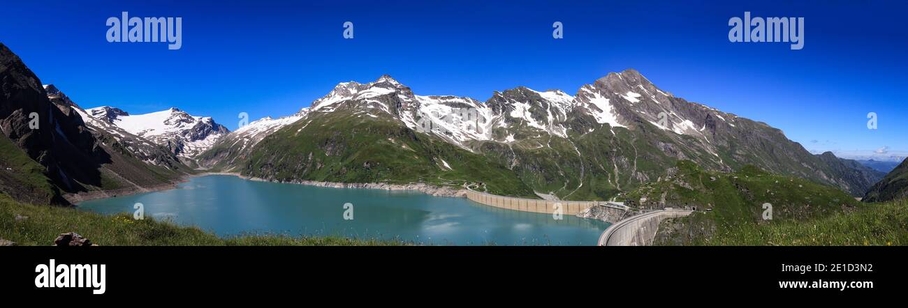 Panorama of the beautiful Austrian dam Stausee Mooserboden overlooking ...