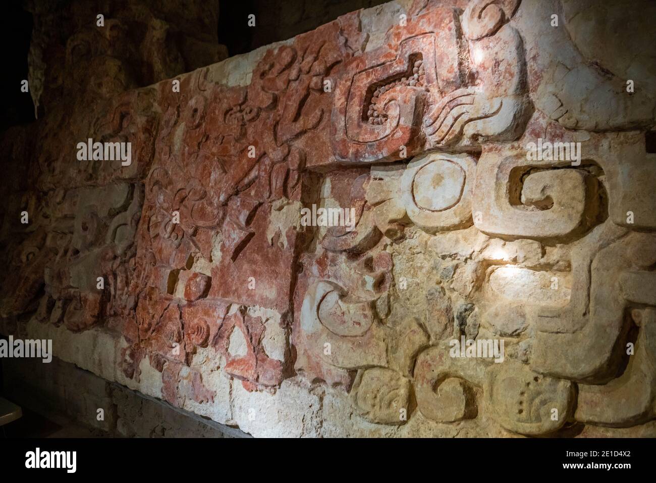 Closeup view of an ancient Mayan frieze in the ruins of Balamku, Mexico ...