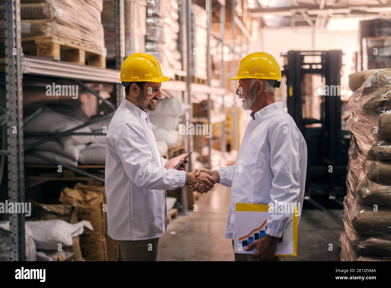 Business is done. Two satisfied smiling males shaking hands after ...