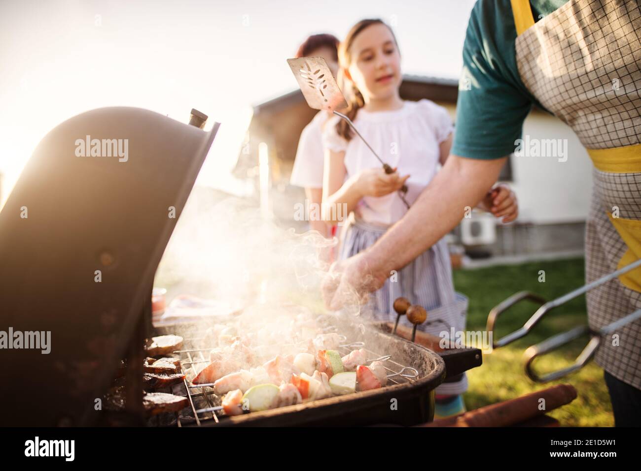 Family having fun in backyard Stock Photo - Alamy