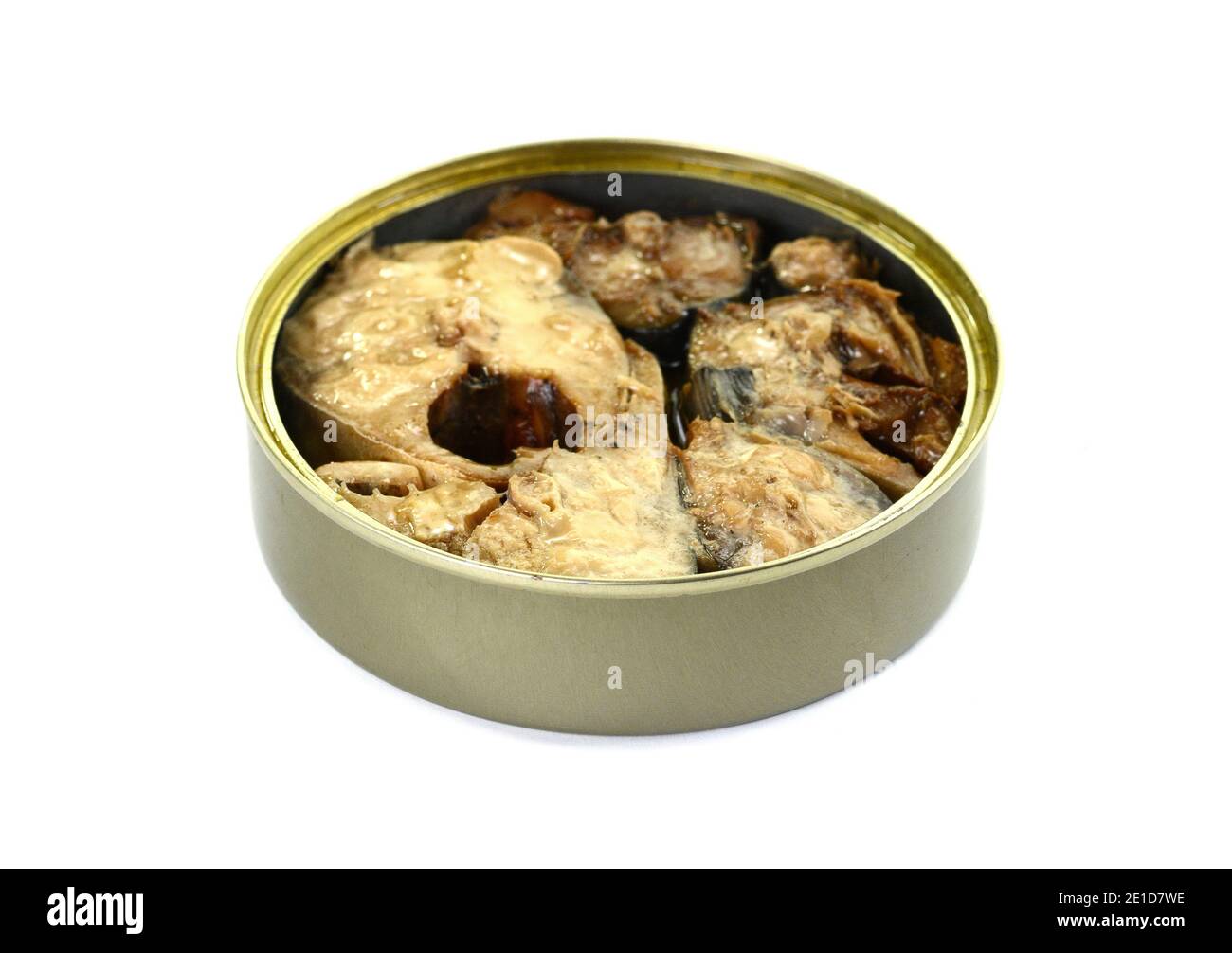 Canned fish isolated on white. Closeup of an open can of canned ...