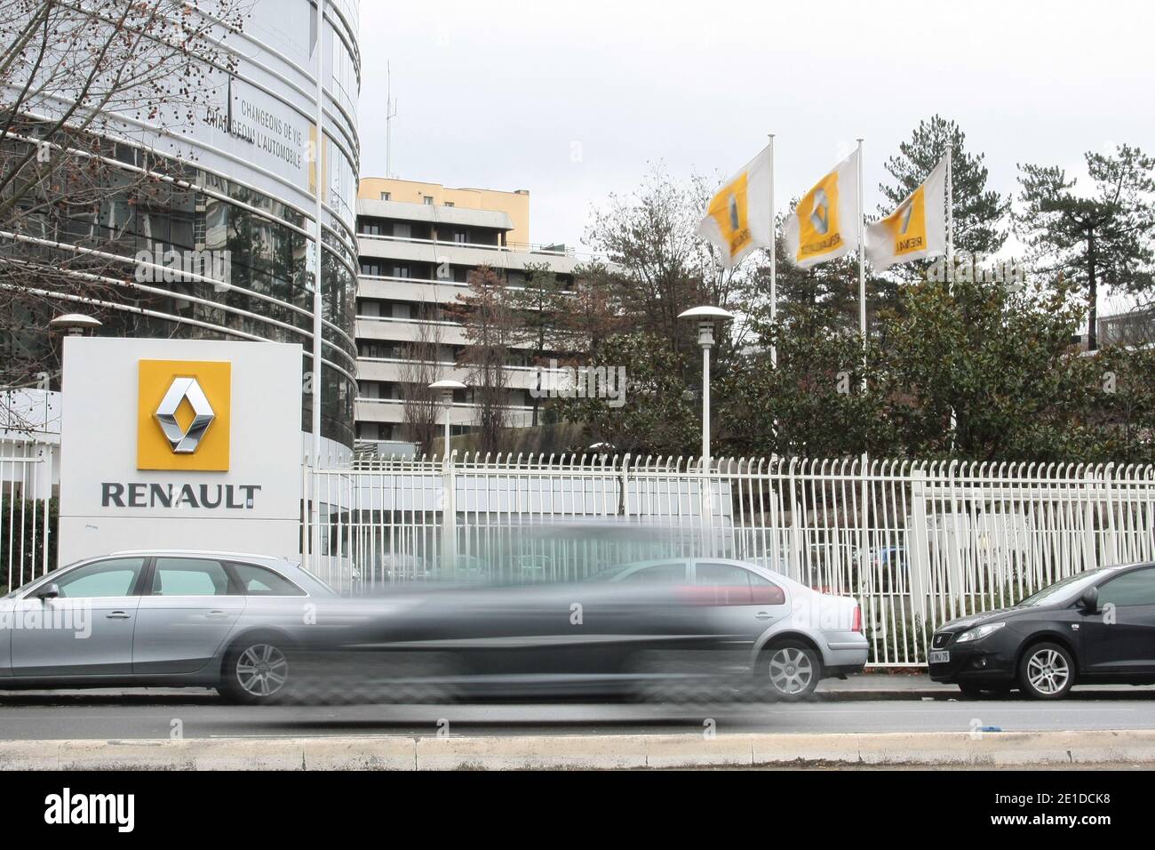 Renault corporate flags in front of headquarters in Boulogne ...