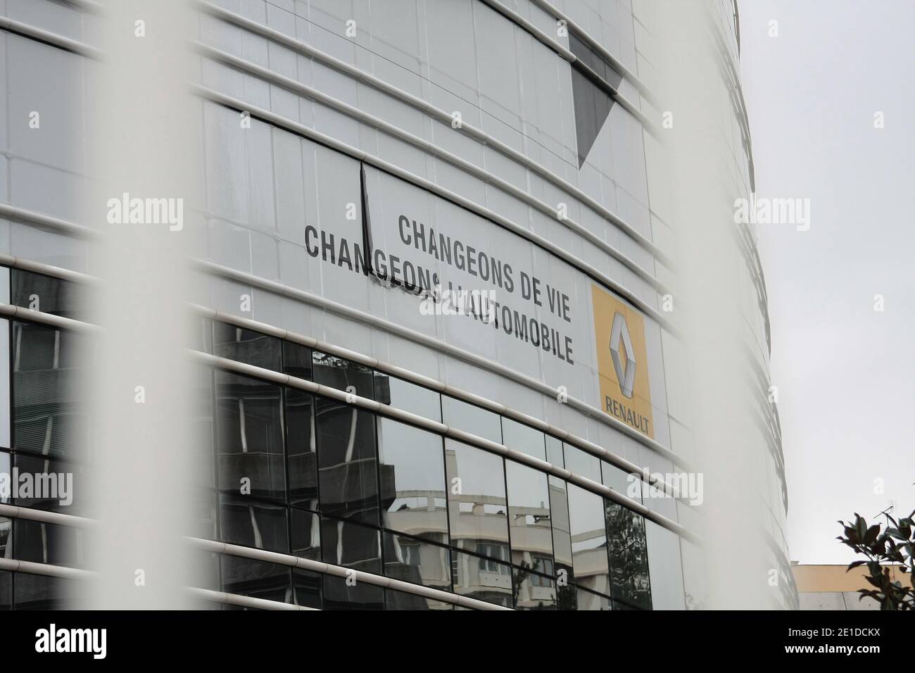 Renault corporate flags in front of headquarters in Boulogne ...