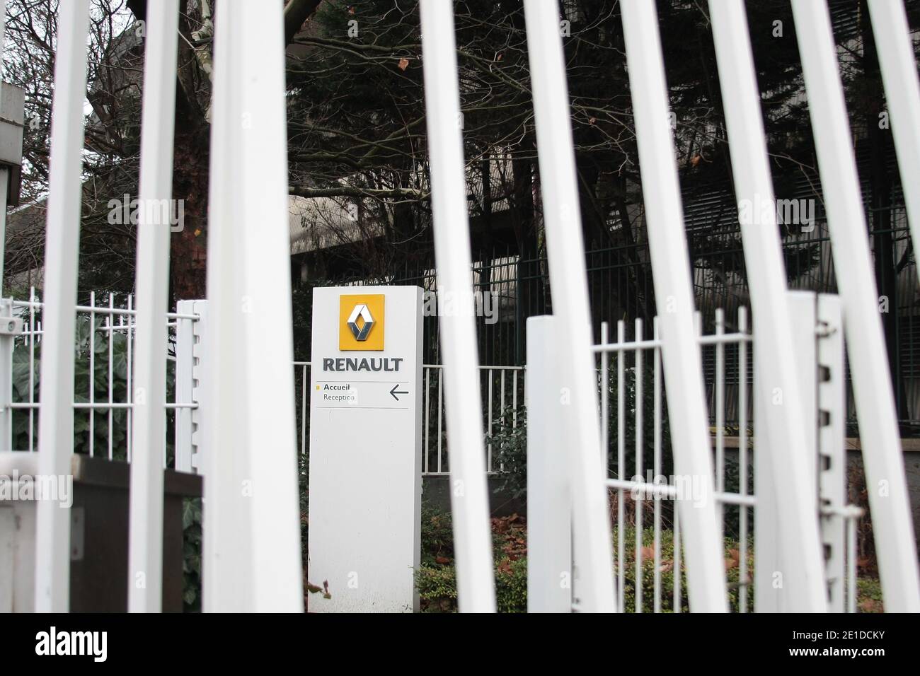 Renault corporate flags in front of headquarters in Boulogne ...