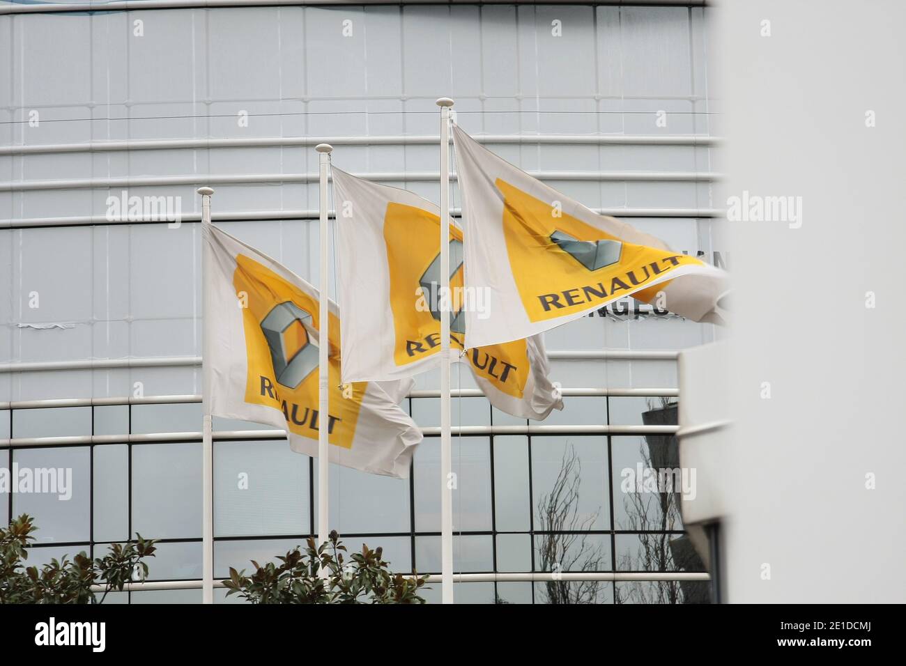 Renault corporate flags in front of headquarters in Boulogne ...