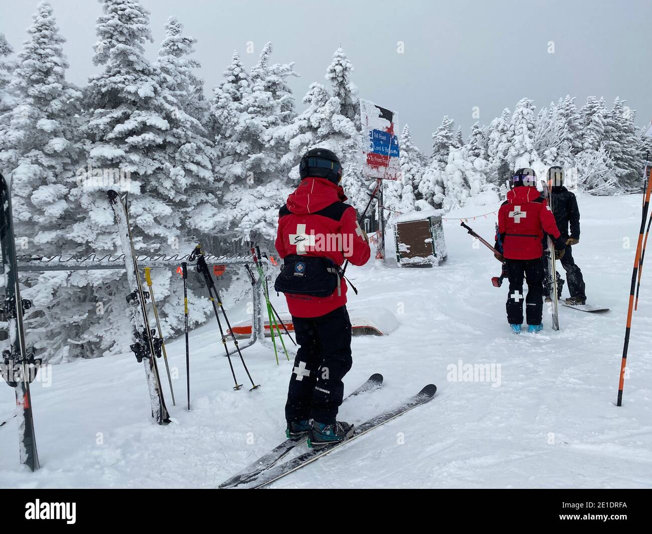 Ski Patrol staff getting ready to work at the top of Stowe mountain ...