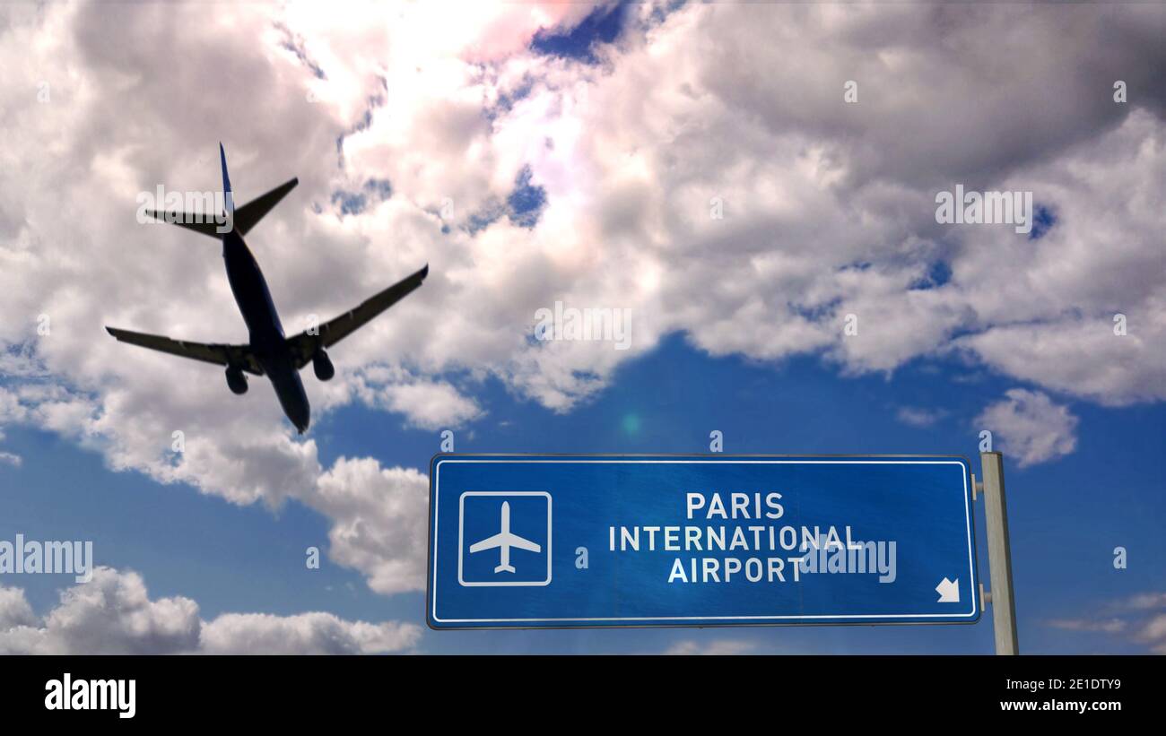 Airplane silhouette landing in Paris France. City arrival with ...