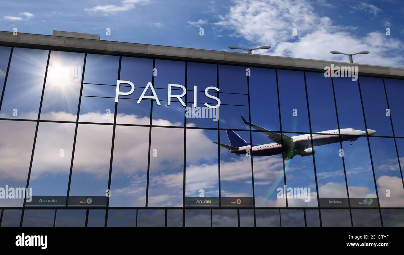 Jet aircraft landing at Paris France 3D rendering illustration. Arrival ...