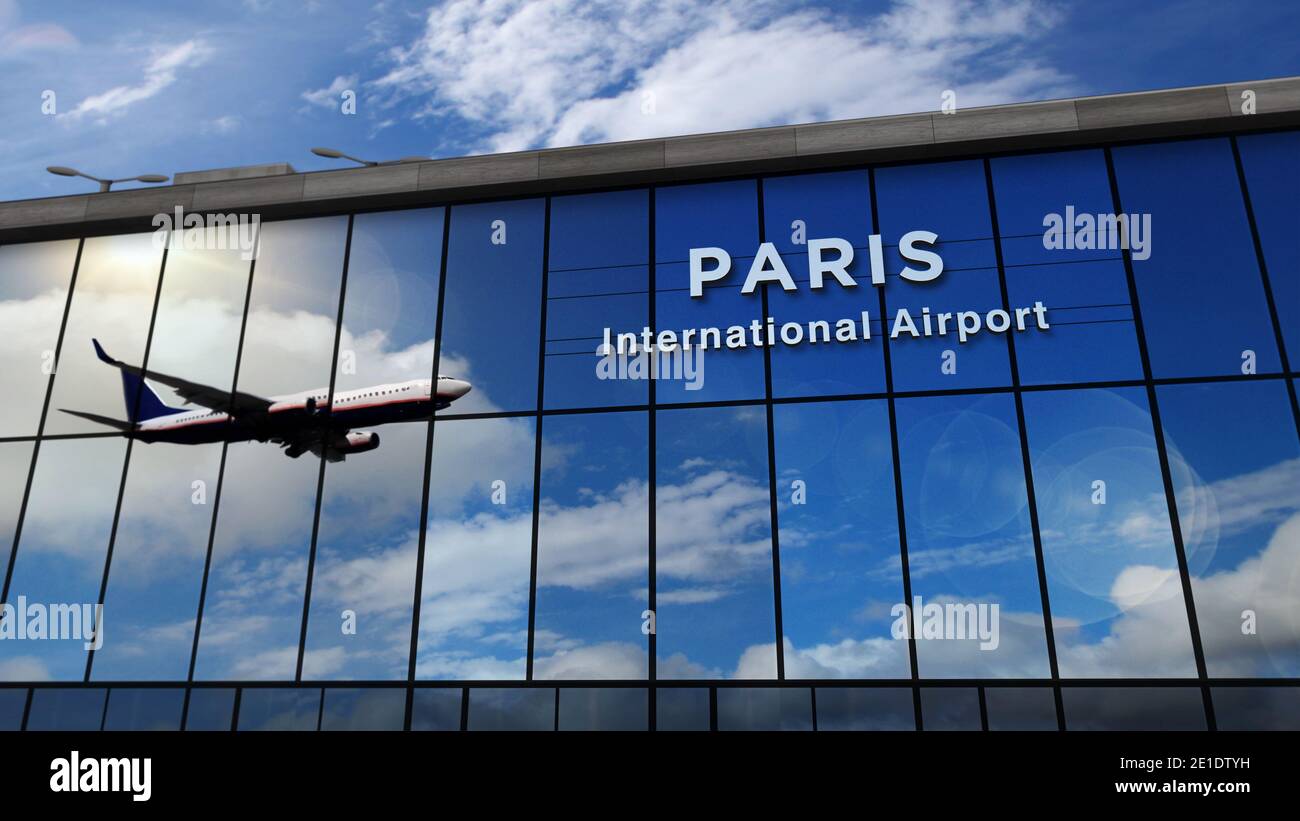 Jet aircraft landing at Paris France 3D rendering illustration. Arrival ...