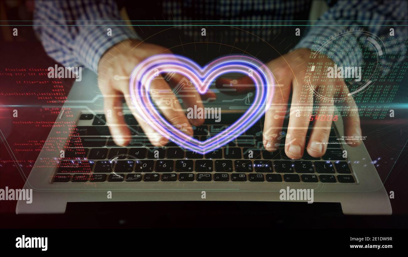 Heart love symbol, health, cyber tech romance, ai and cardio concept ...