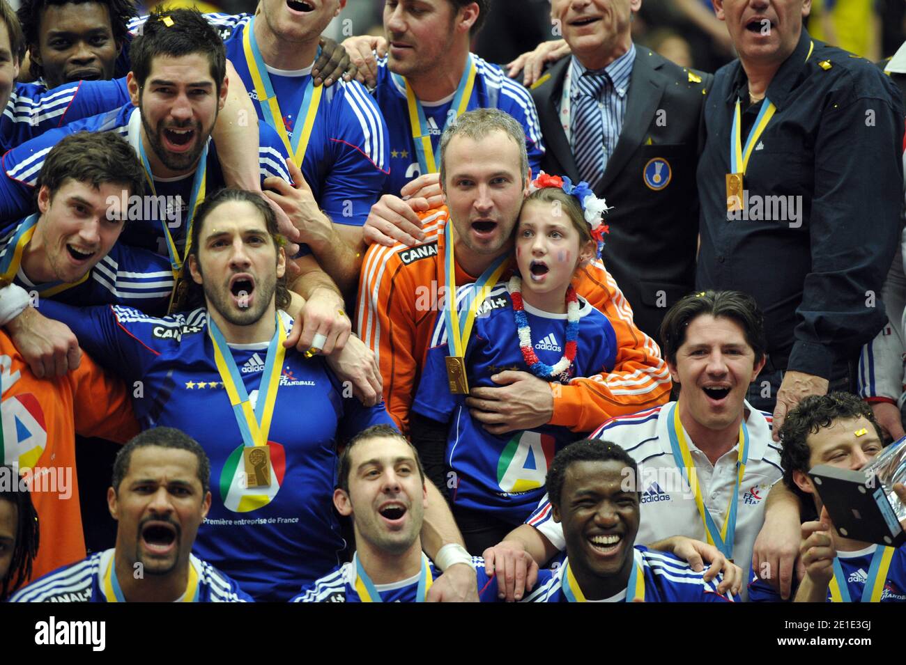 The team of France celebrate there gold medal with their trophy after ...