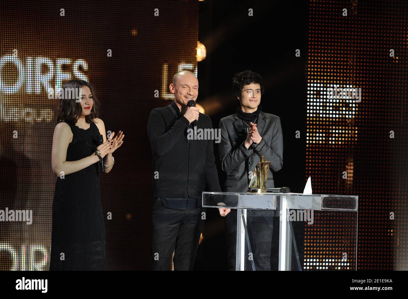 Izia, Gaetan Roussel and Adrien (BB Brunes) during the 26th 'Victoires ...