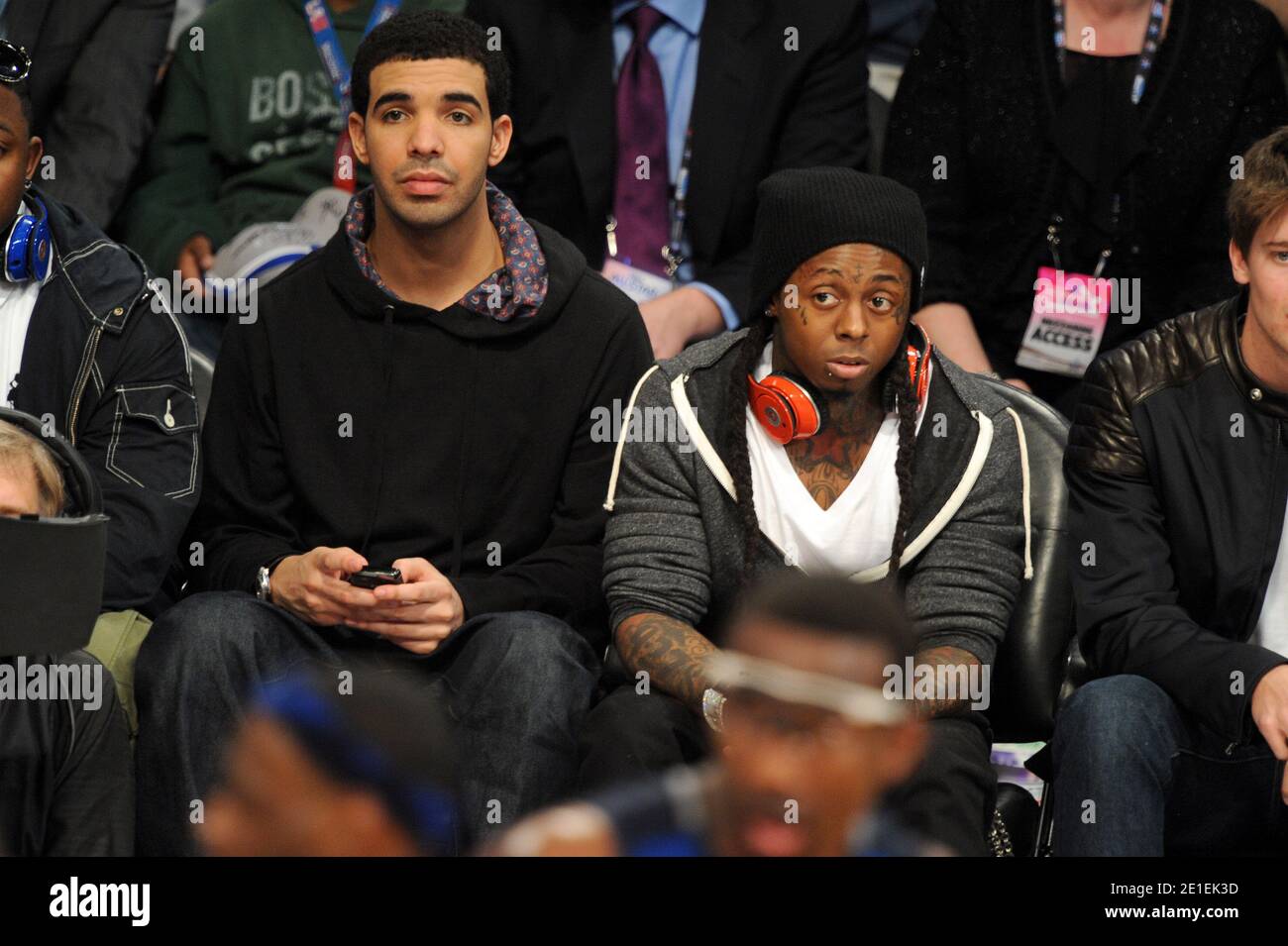 Drake and Lil Wayne attend the 2011 NBA All-Star Game at the Staples ...