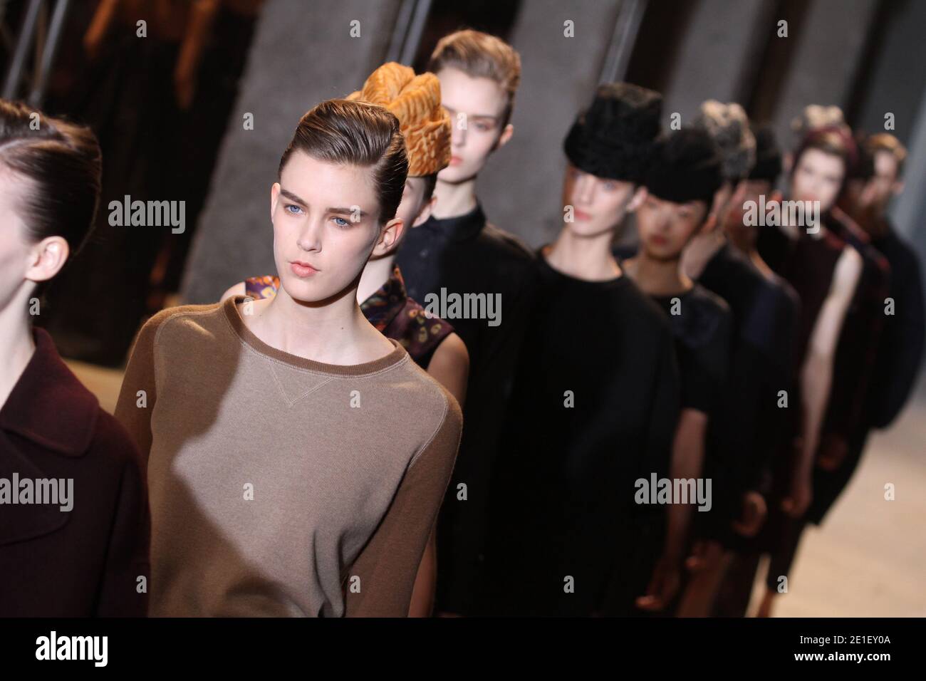 A model displays a creation designed by Marco Zanini for Rochas Fall ...