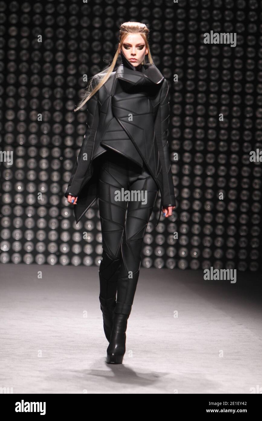 A model displays a creation designed by British Designer Gareth Pugh ...