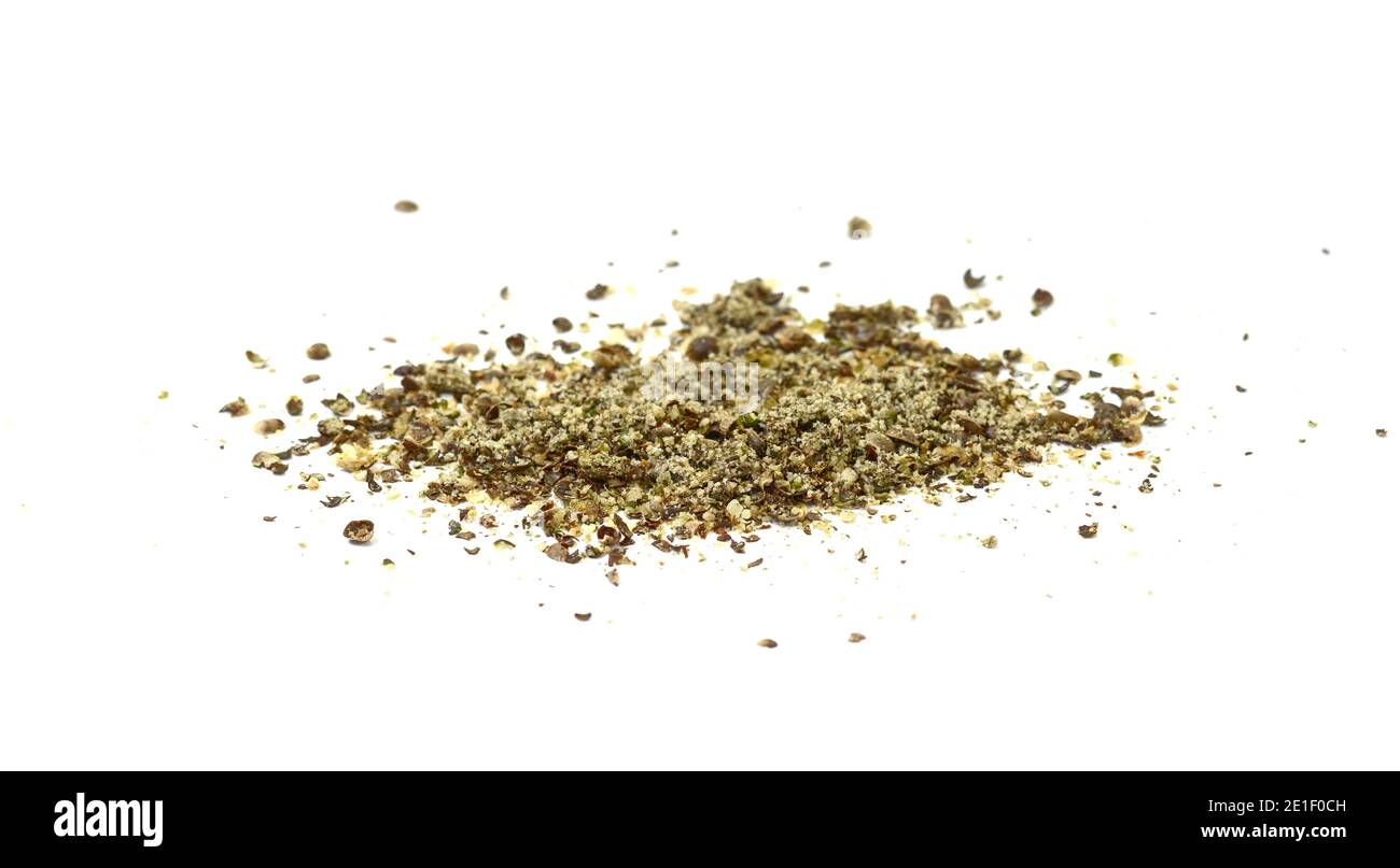 Ground hemp seed isolated on white background. Hemp seeds, a plant ...