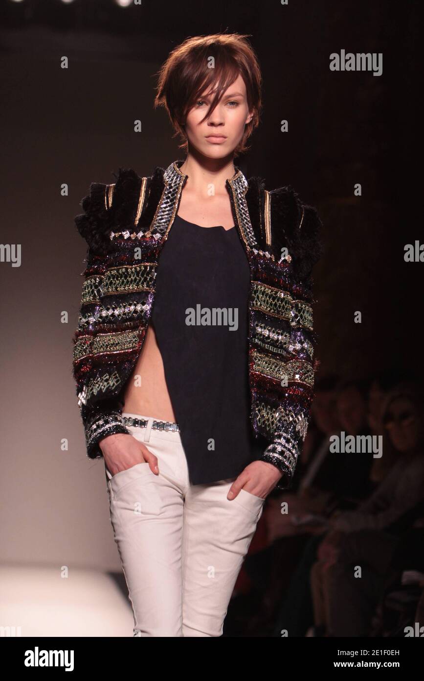 A model displays a creation designed by Christophe Decarnin for Balmain ...