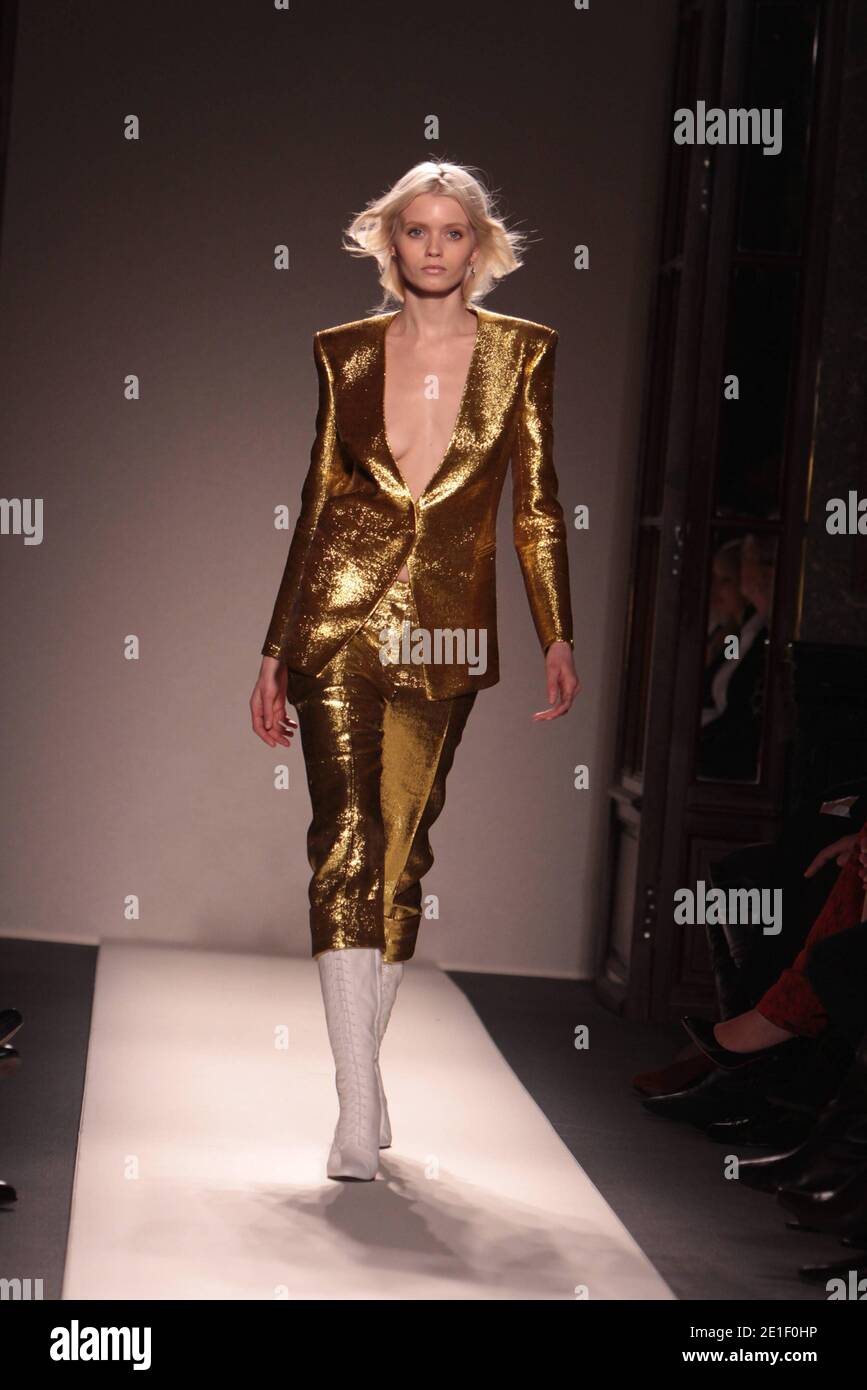A model displays a creation designed by Christophe Decarnin for Balmain ...