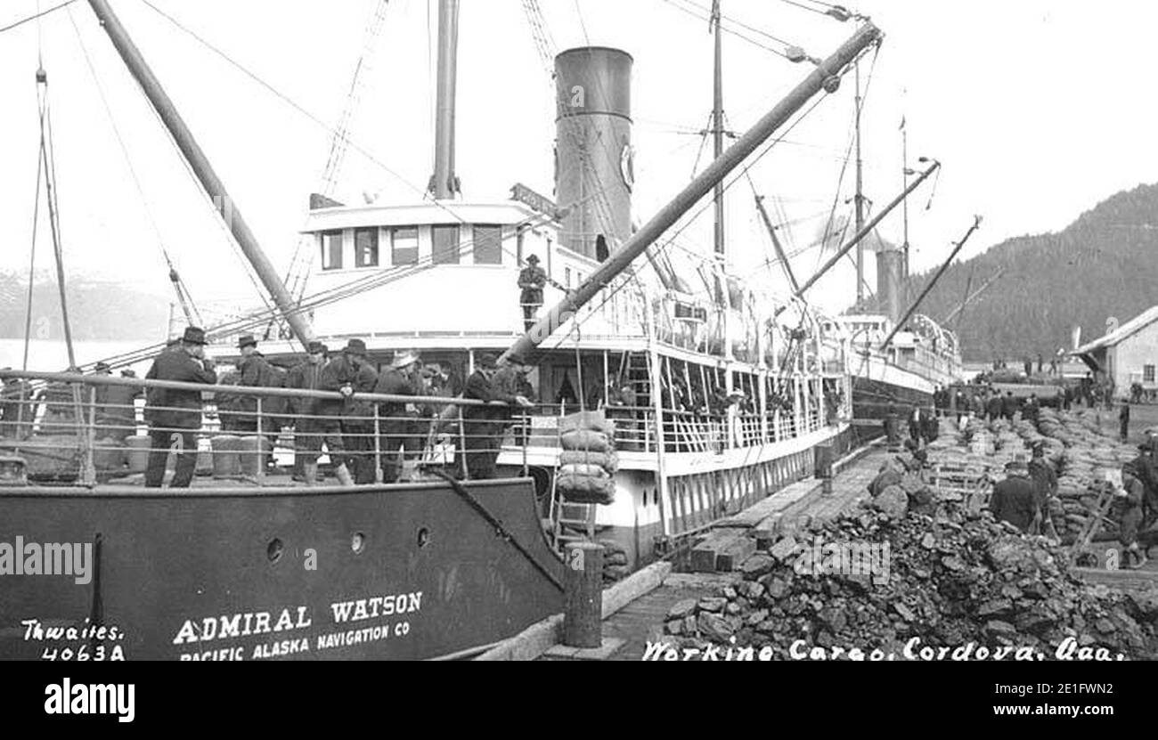 Loading cargo aboard the steamer ADMIRAL WATSON, Cordova, ca 1912 Stock ...