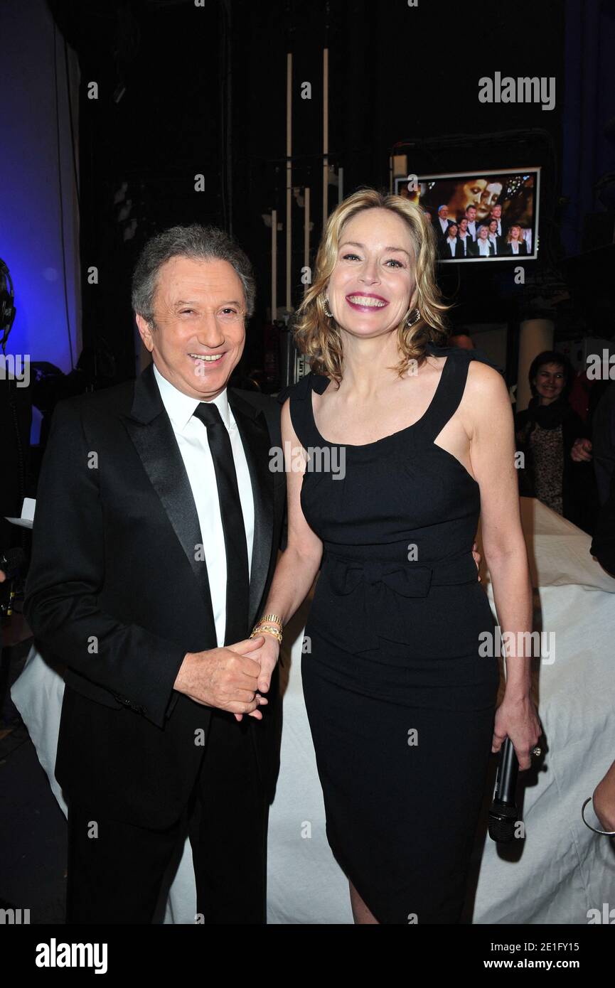 Michel Drucker, Sharon Stone lors de l'enregistrement de l'emission ...