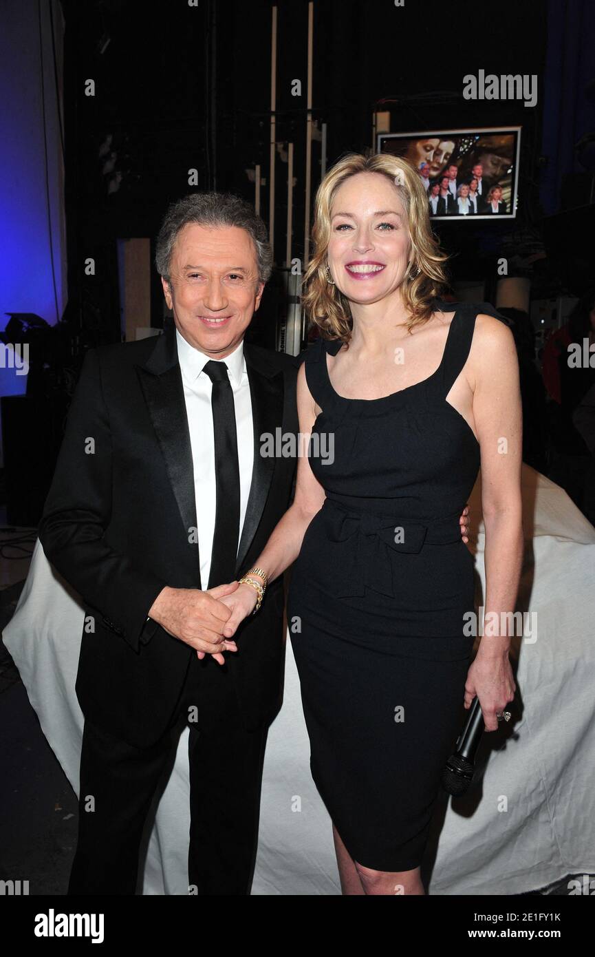 Michel Drucker, Sharon Stone lors de l'enregistrement de l'emission ...
