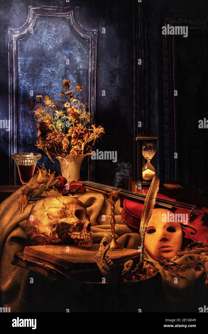 Bodegón vanitas con elementos iconográficos pictóricos típicos del ...