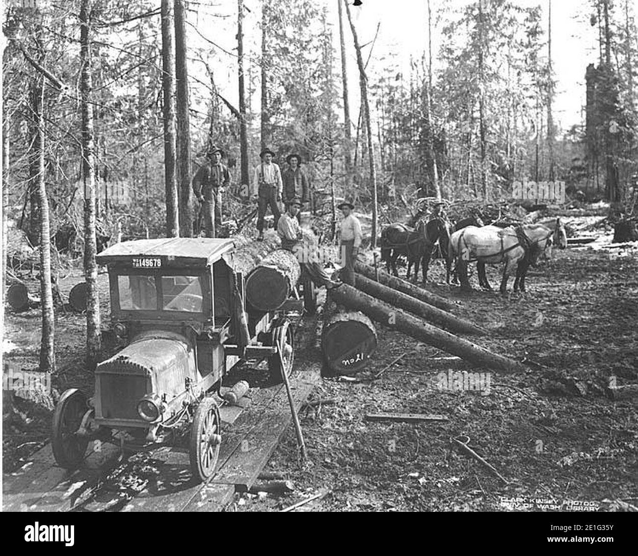 Logging crew, horse team, and Master truck and trailer with logs, Coal ...