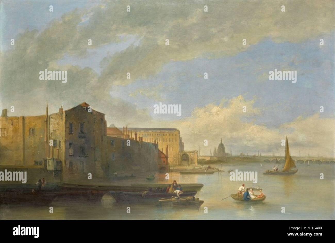 LONDON, A VIEW OF THE RIVER THAMES WITH HAY BARGES AND SAILING VESSELS ...