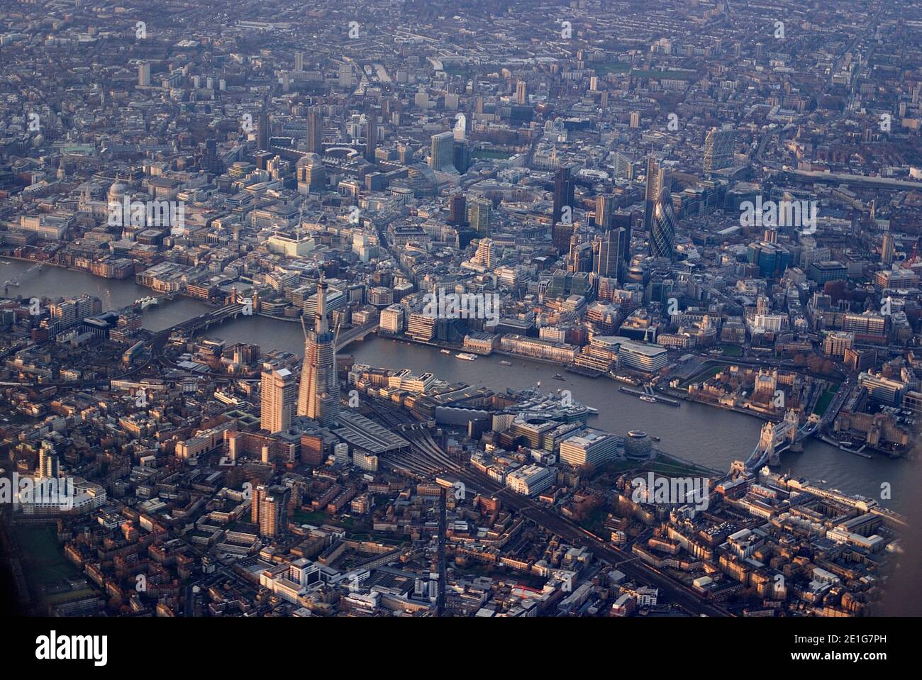 Aerial view of the Southbank and City of London split by the River ...