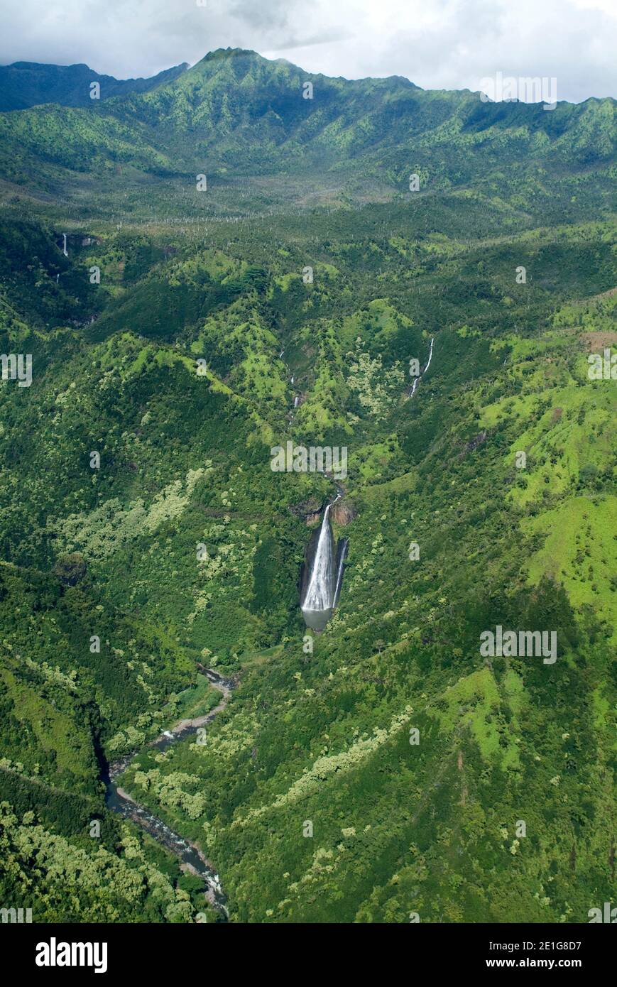 Aerial view of interior and Waimea Canyon, island of Kauai, Hawaii, USA ...