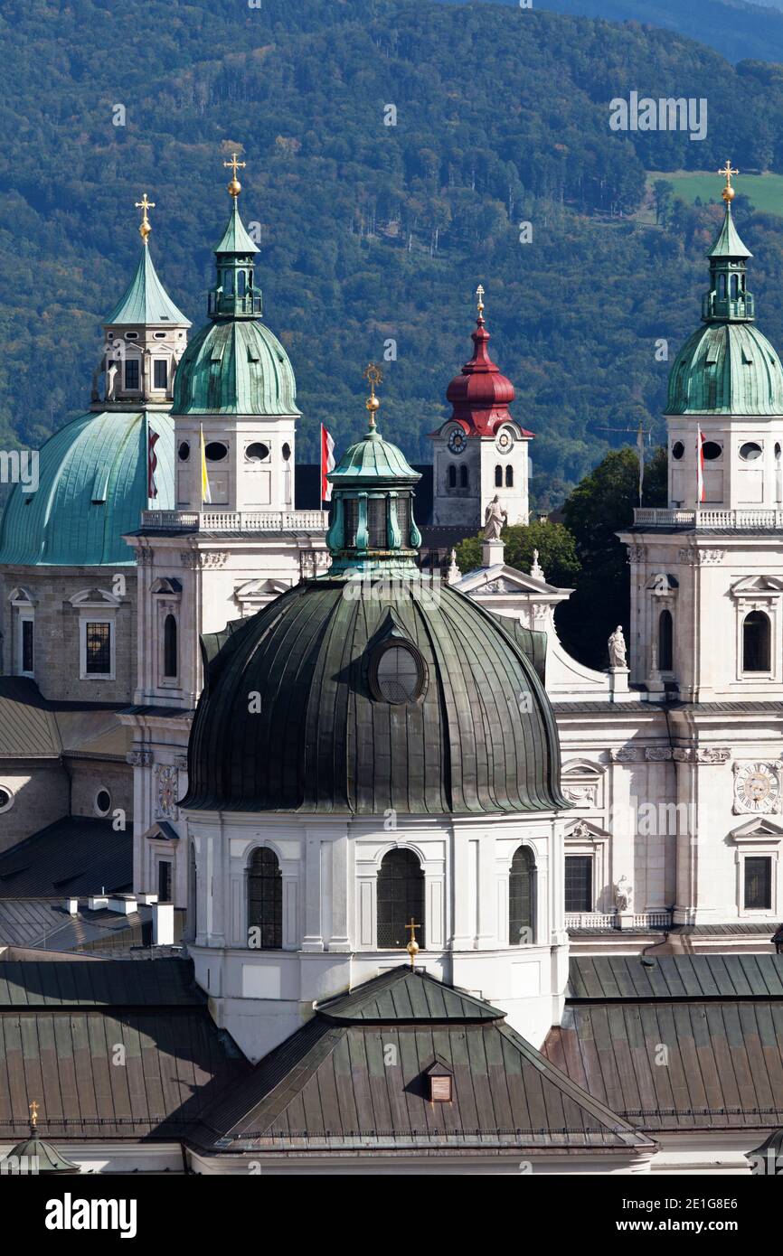 Rooftop view of the Baroque church domes and spires of Salzburg ...