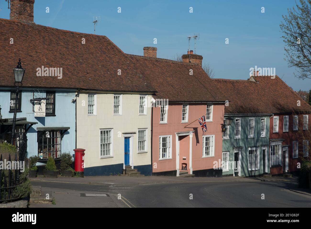 View down the High Street of the town of Thaxted, Essex, England Stock ...