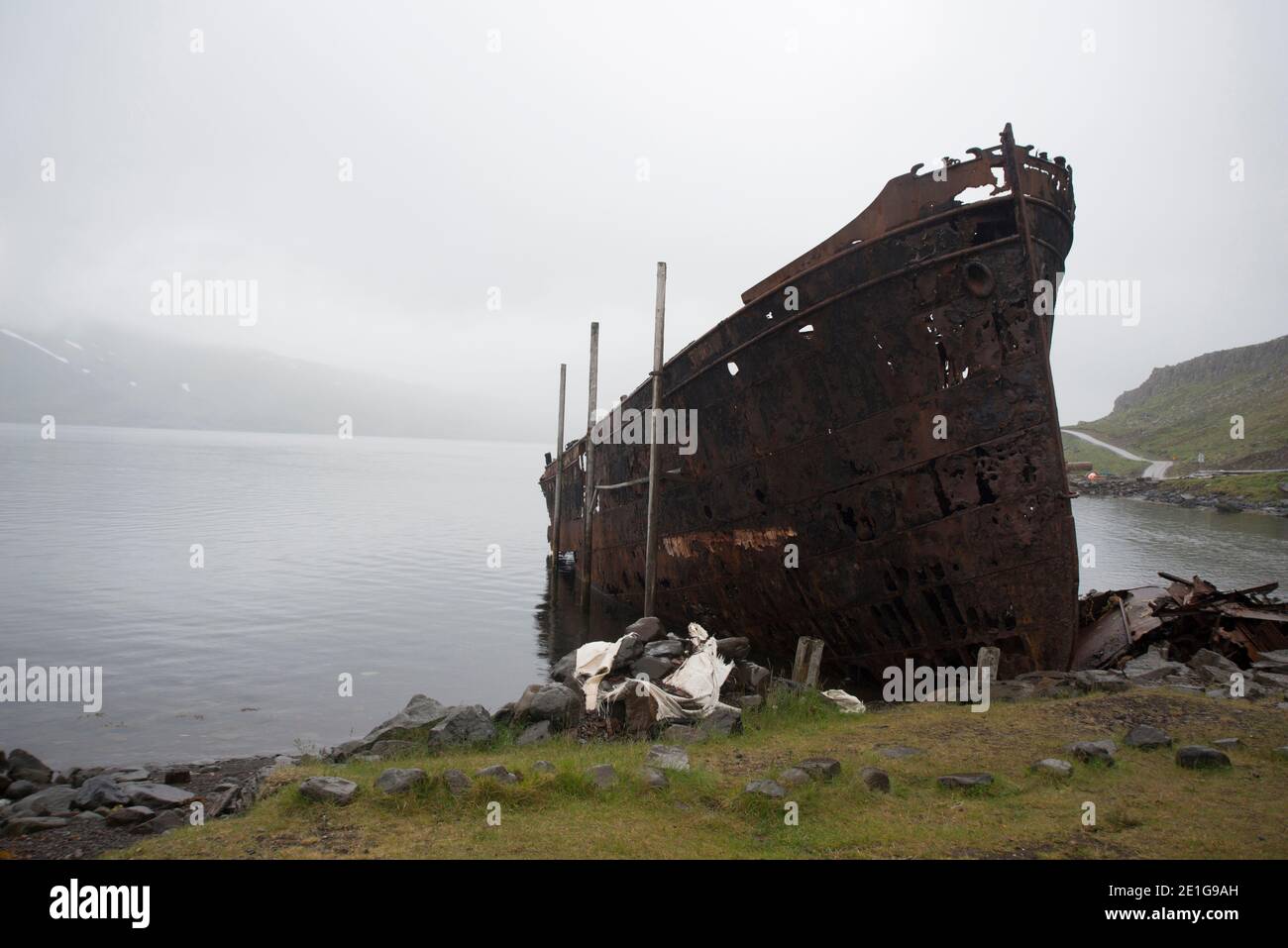 Rusted out boat at the remains of the Old Herring Factory, Djupavik ...