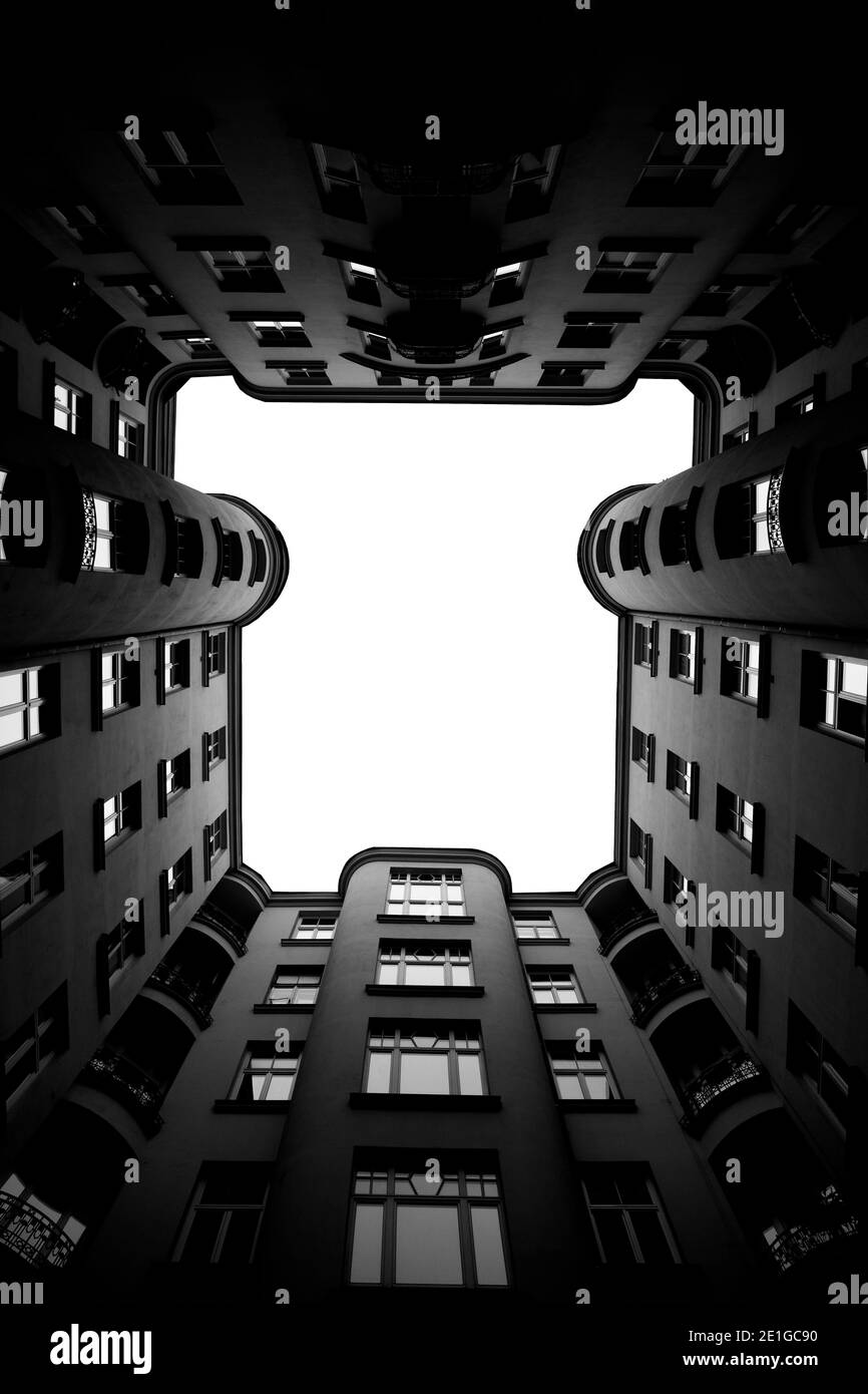 Courtyard view of an old tenement house in center of Warsaw, Poland ...