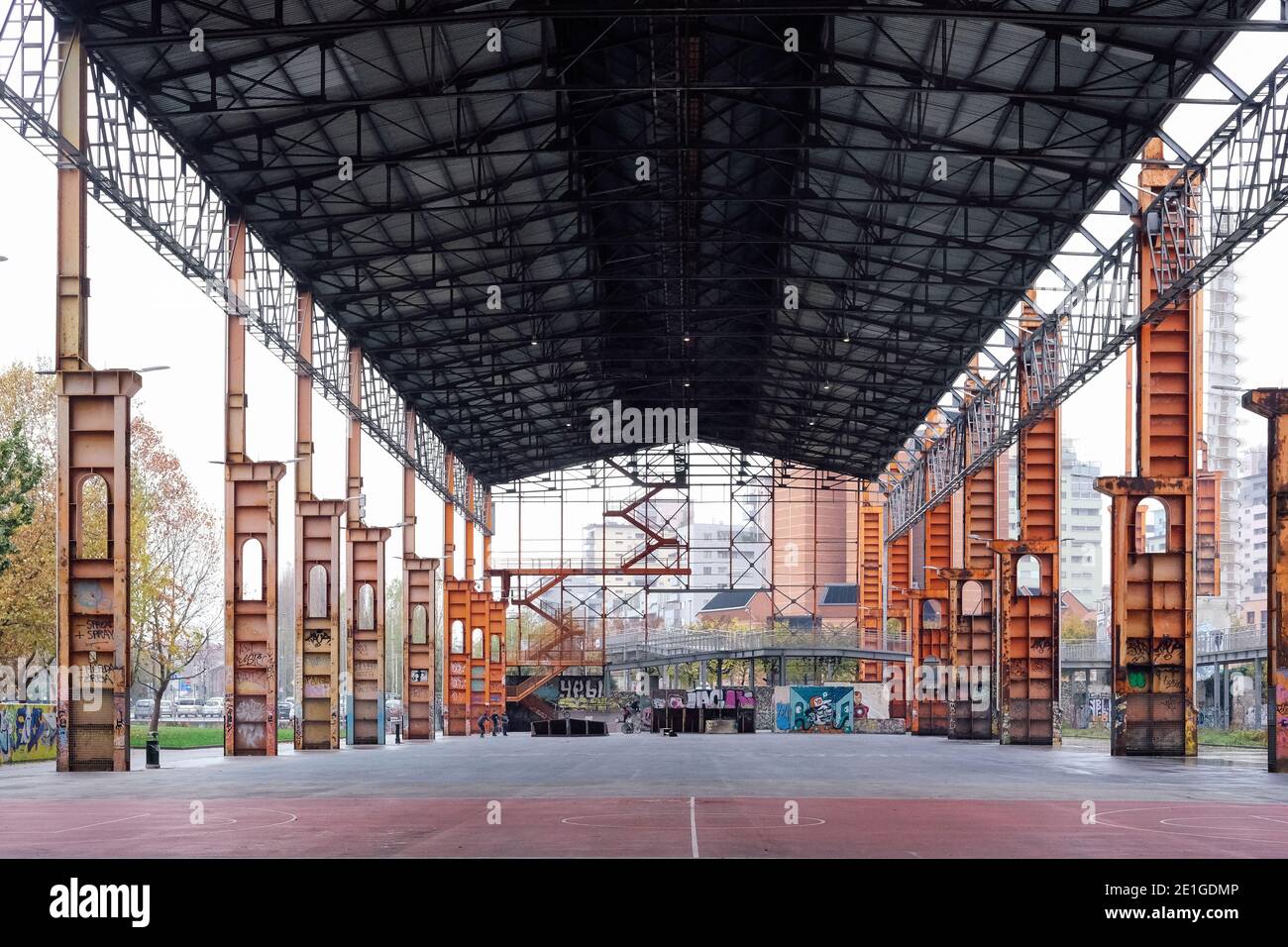 Parco Dora, Turin, Italy, with the huge structure of hall of the former ...