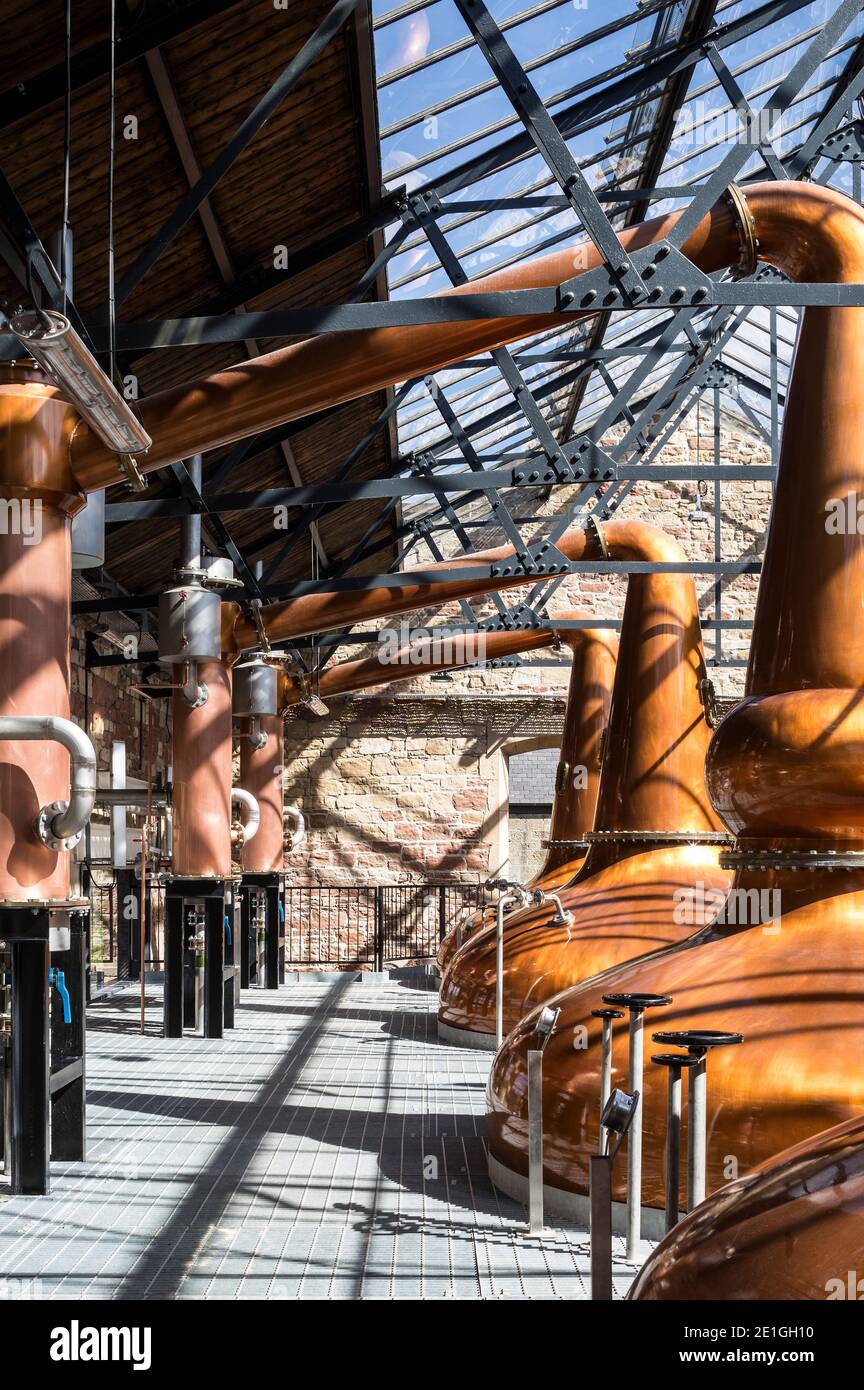 Copper stills at The Borders Distillery, Hawick, Scotland, UK. Winner ...