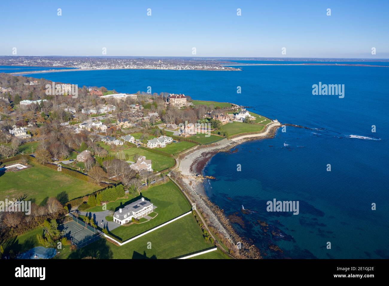 Aerial view of the rocky coast and cliffwalk of Newport, Rhode Island ...