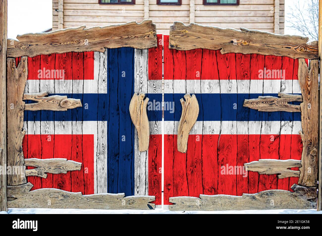 Close-up of the national flag of Norway on a wooden gate at the ...