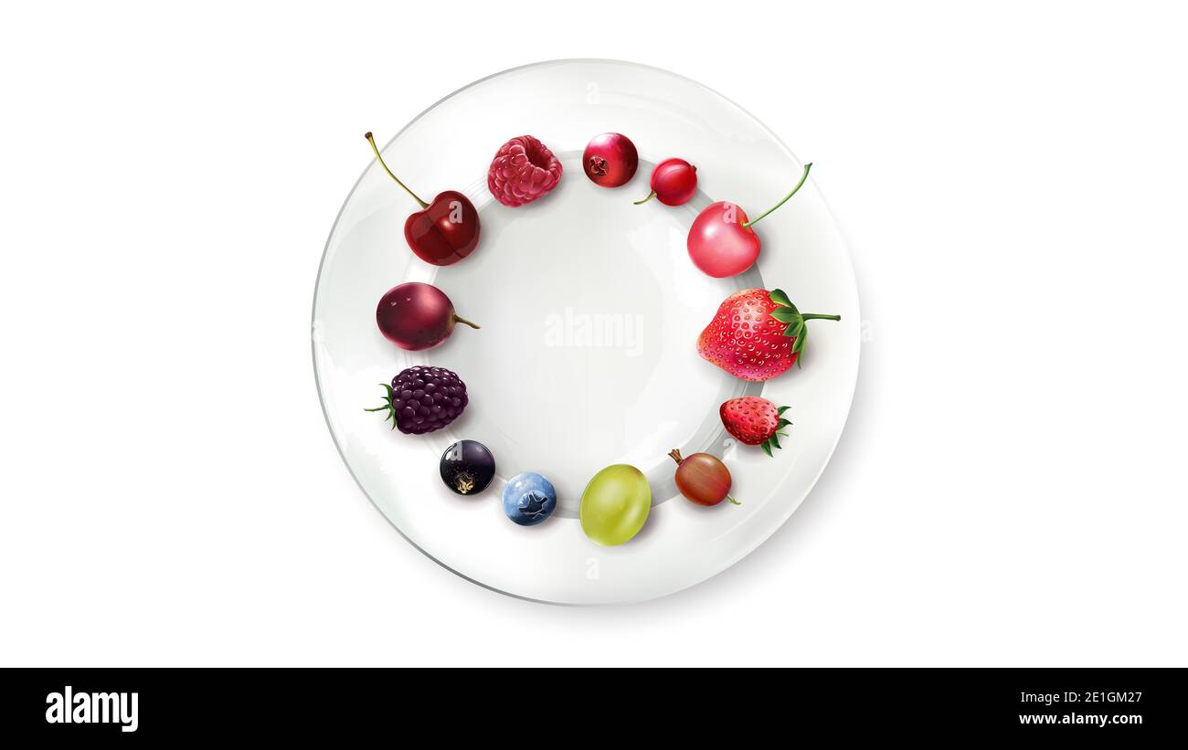 Still life of berries arranged in a circle on a white plate. 3D ...