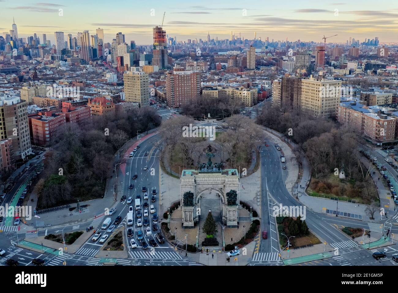 Aerial view of the Triumphal Arch at the Grand Army Plaza in Brooklyn ...