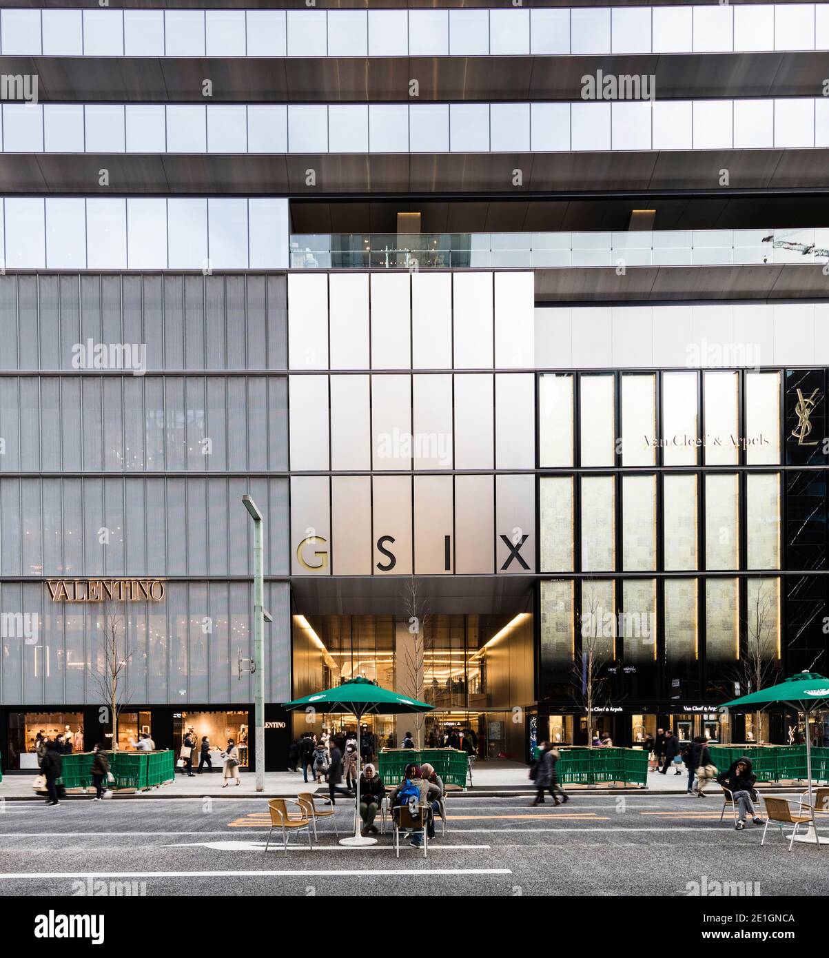 Exterior view of the Ginza Six luxury shopping complex located in the Ginza area of Tokyo, Japan ...