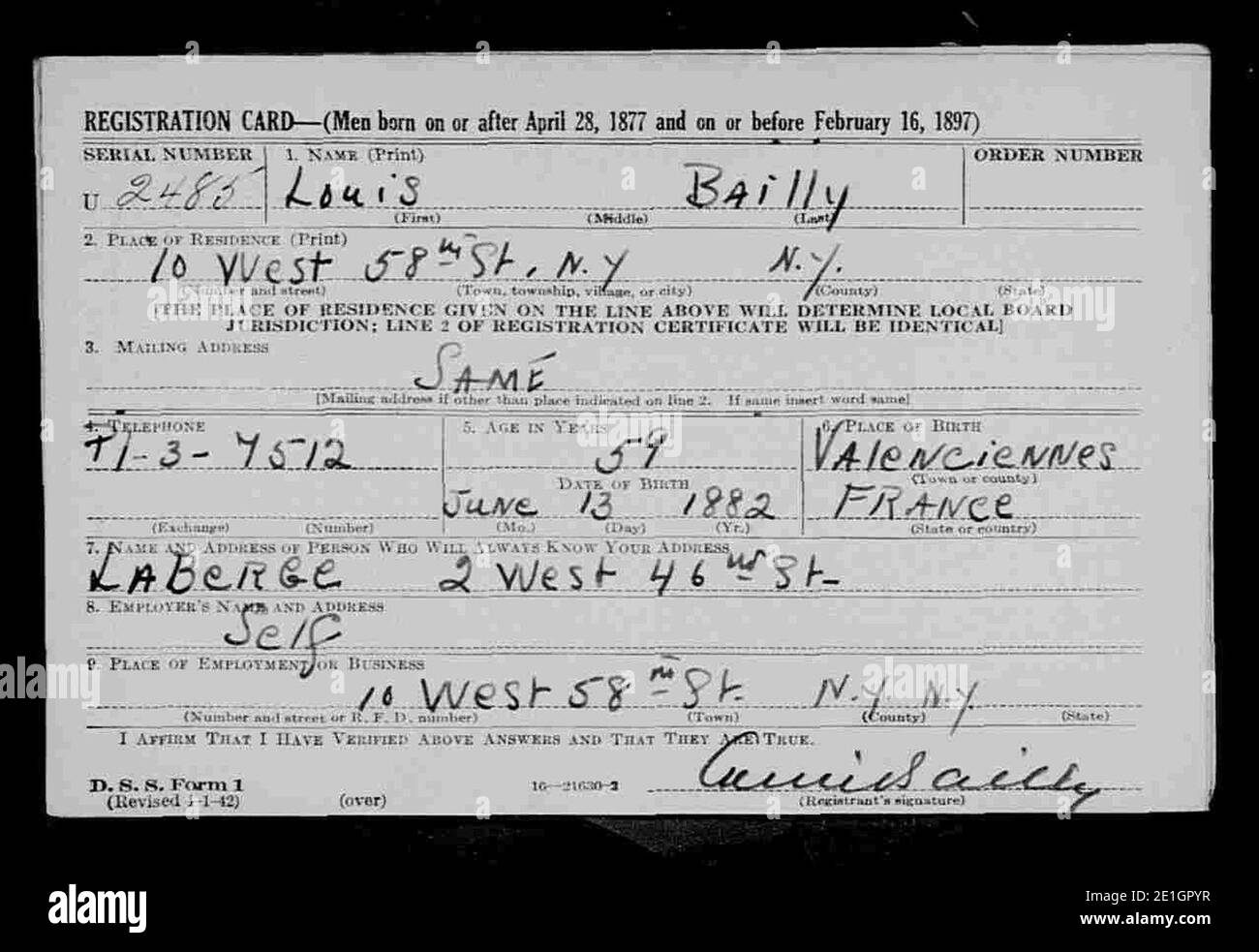 Louis Bailly (1882-1974) in the WWII draft registration 1 Stock Photo ...