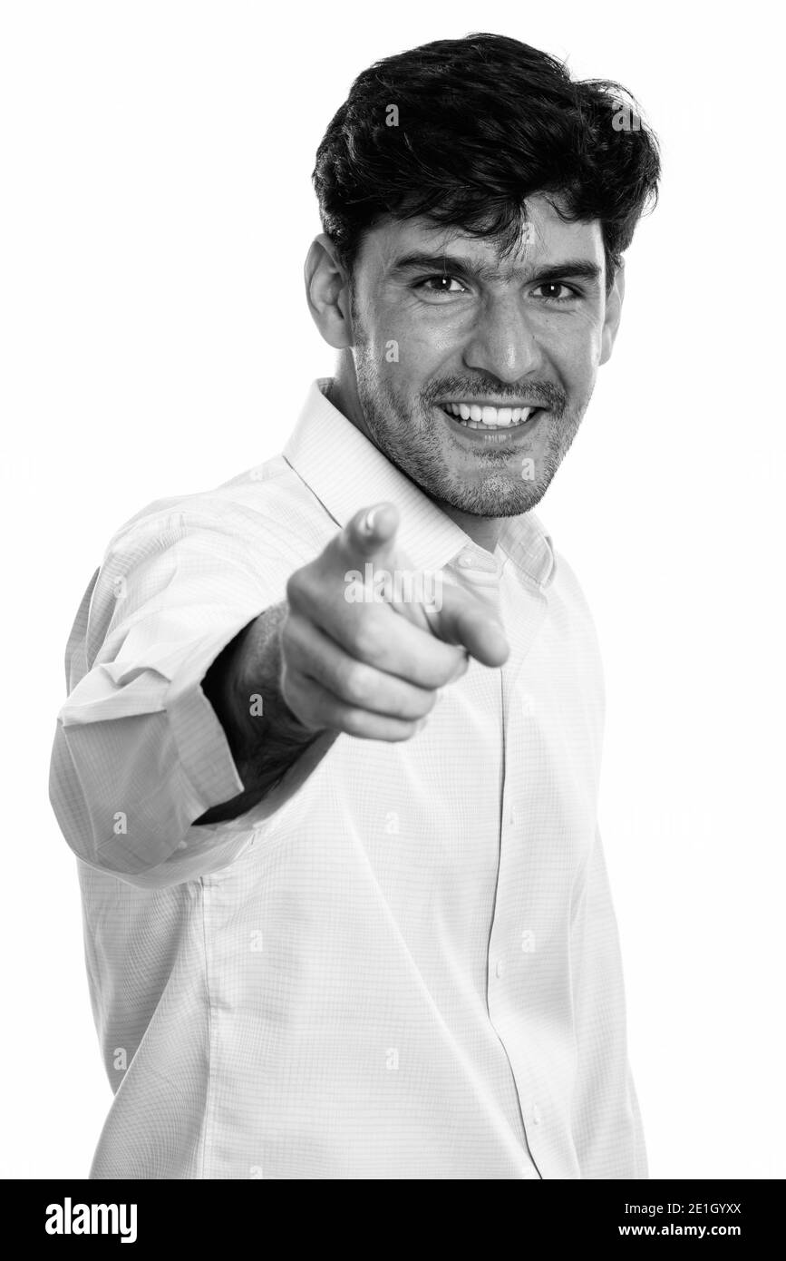 Business people pointing at camera Black and White Stock Photos ...