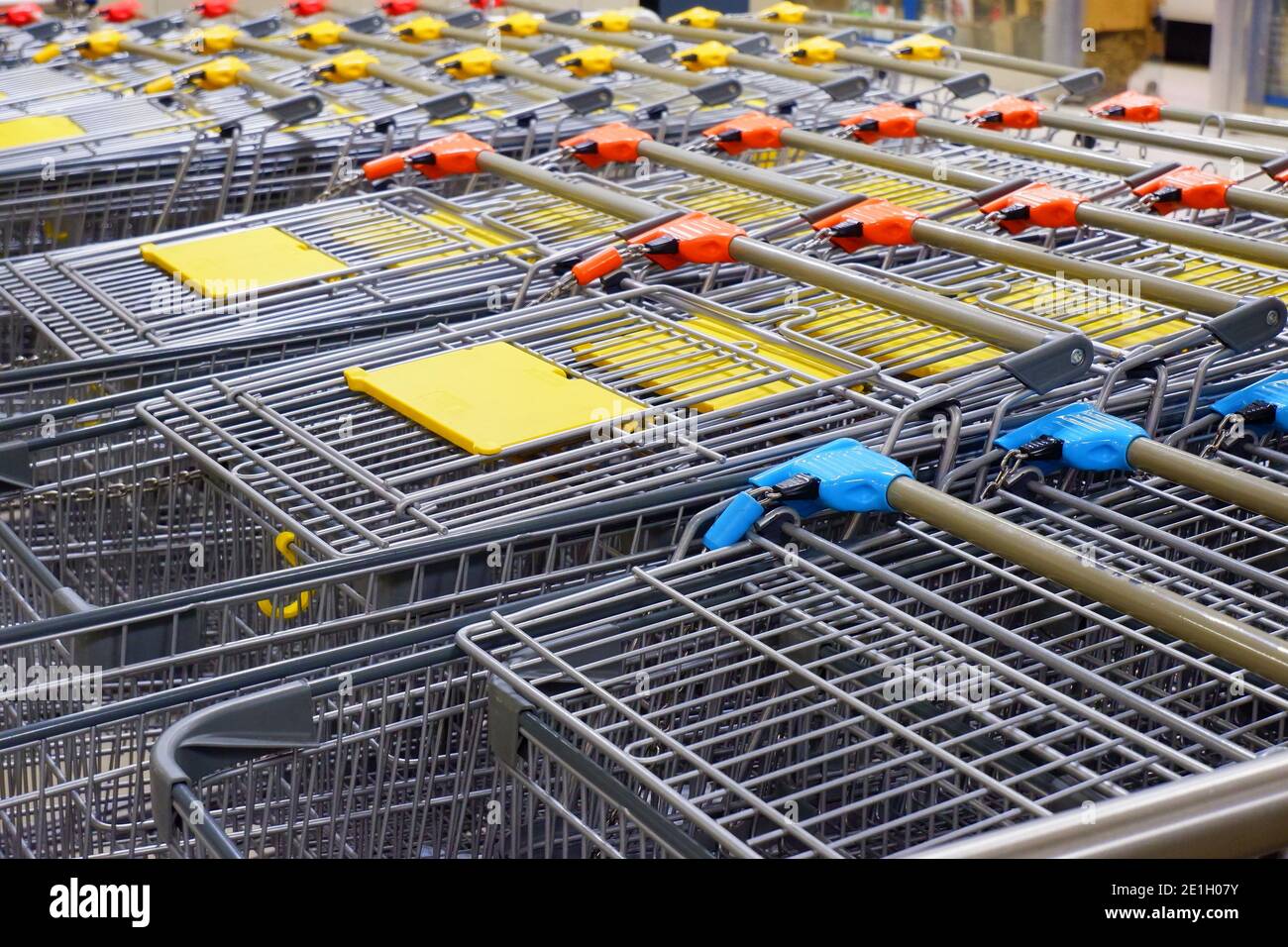 Colorful shopping carts in front of a supermarket in Budapest, Hungary ...