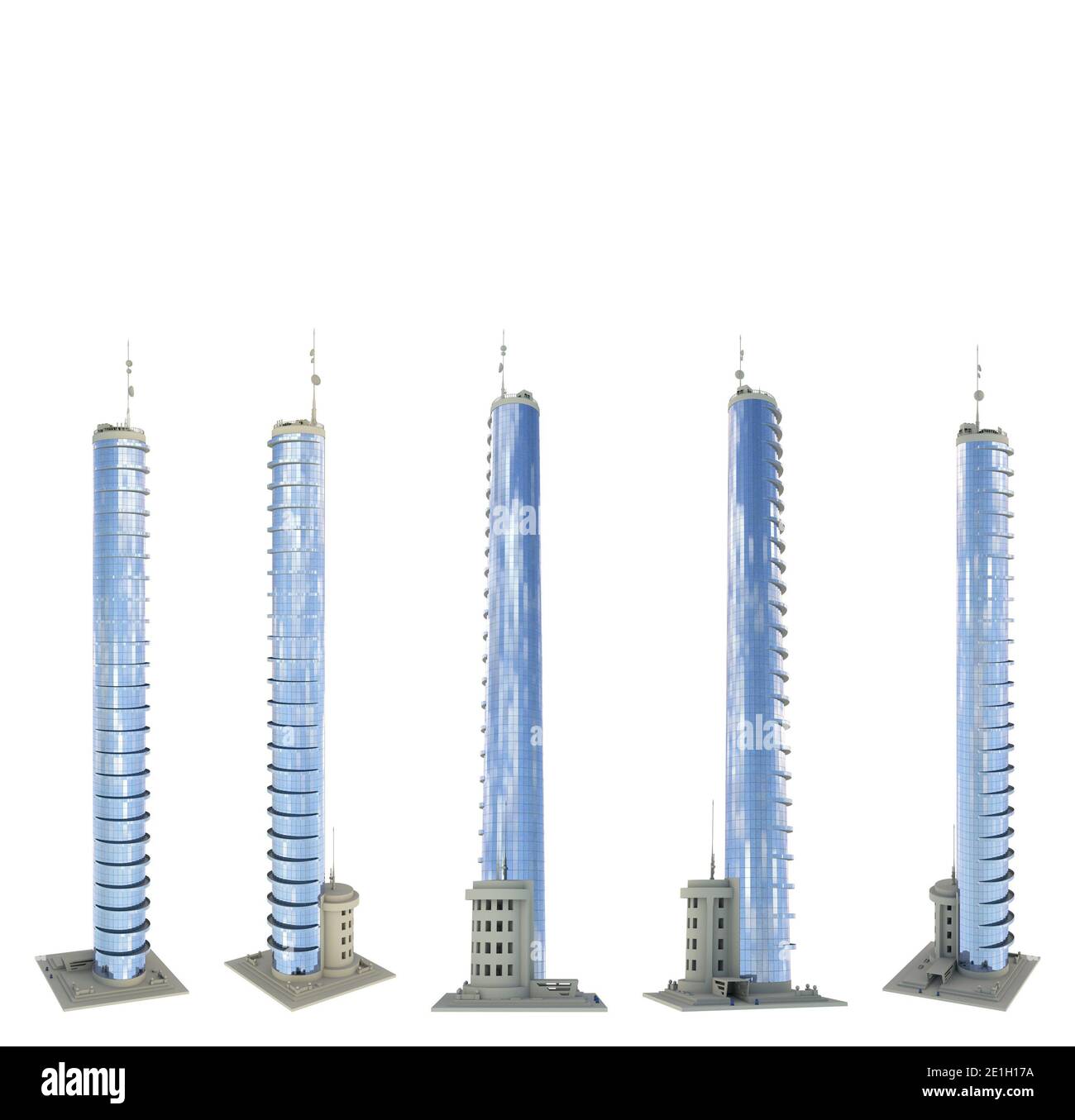 5 renders of fictional design skyscrapers with balconies with cloudy ...