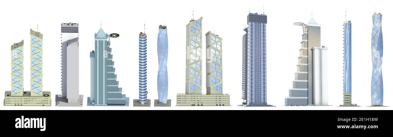 Set of detailed high tech skyscrapers with fictional design and cloudy ...